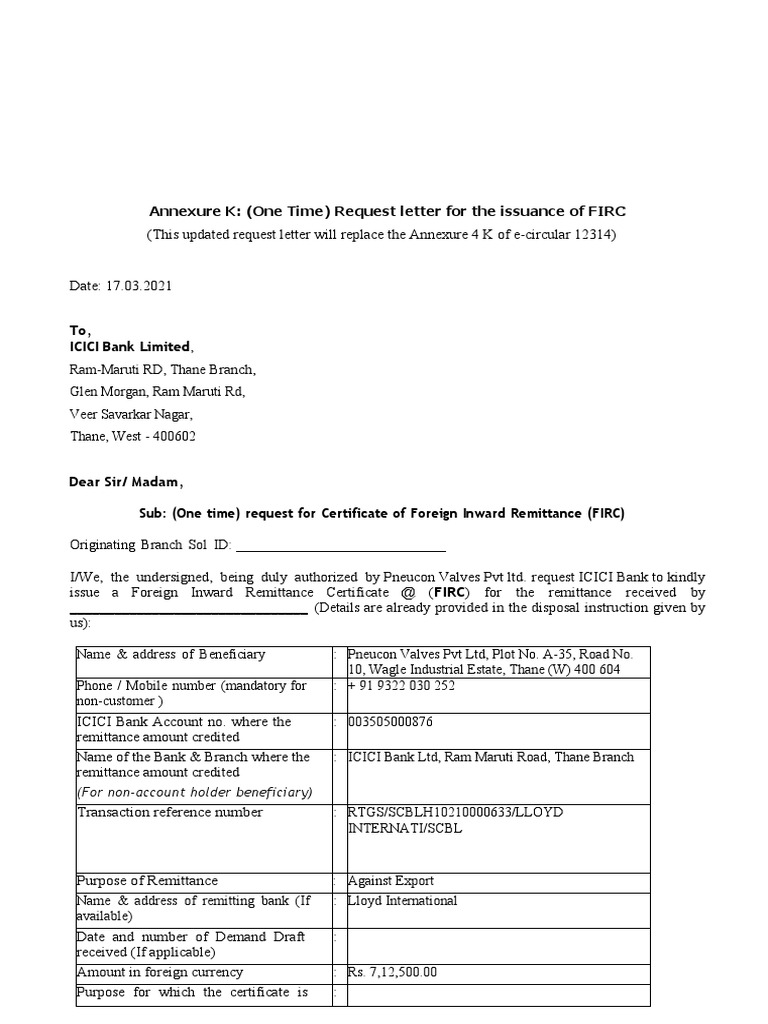 Firc - Annexure (00000002) | PDF | Payments | Banks