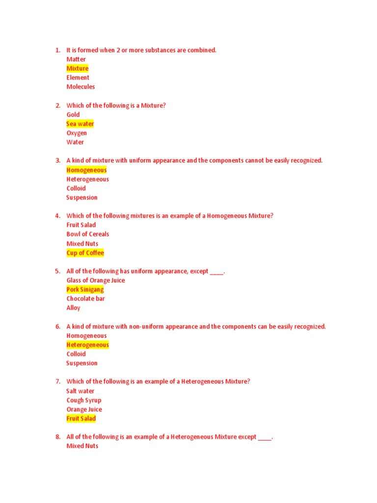 Identifying Mixtures, Solutions, Solutes and Solvents: A Quiz on ...