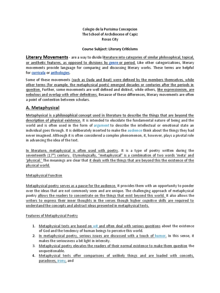 Literary Movements: A. Metaphysical | PDF | Beat Generation | Poetry