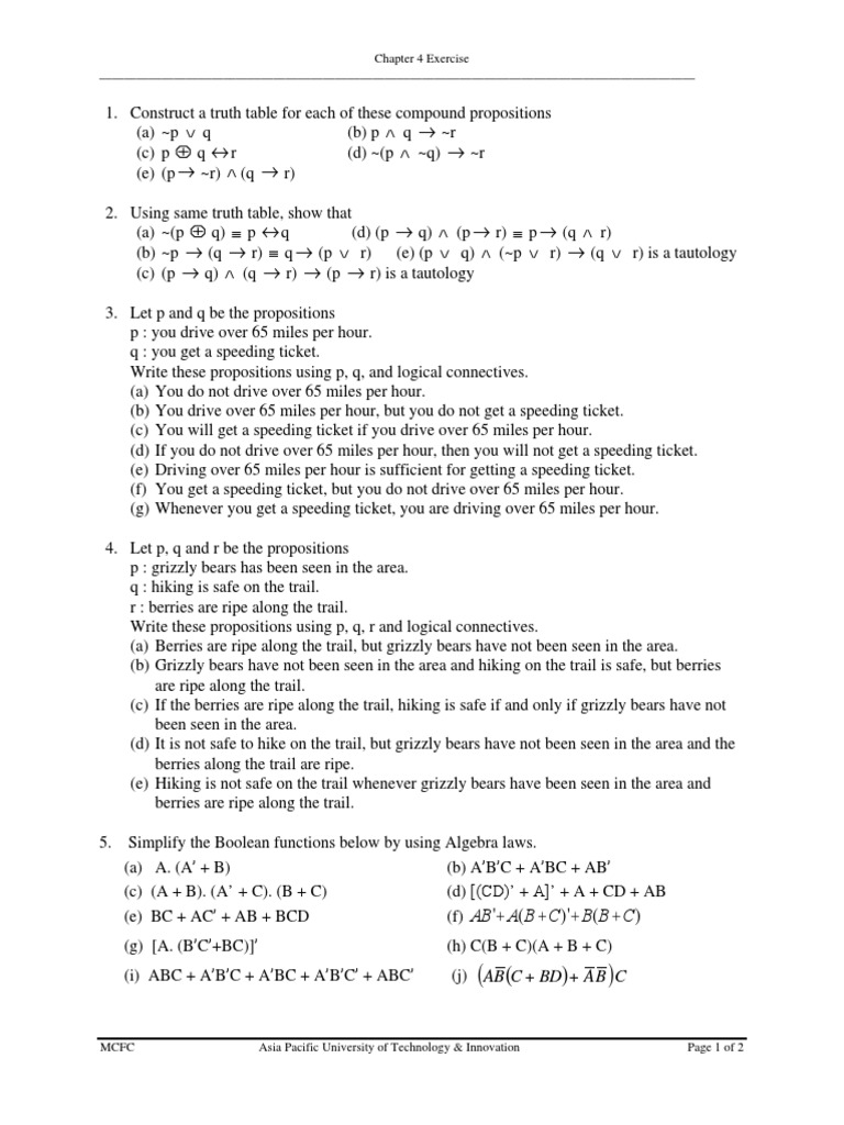 Logic and Boolean Algebra Exercises | PDF | Syntax (Logic) | Abstract ...