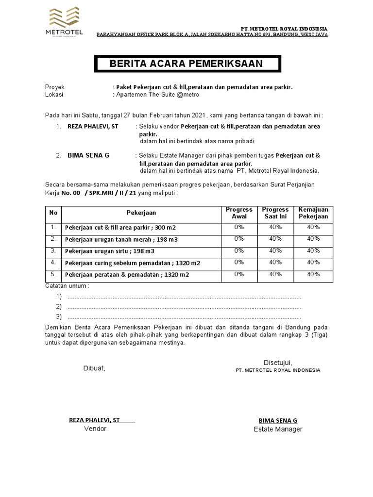 Berita Acara Pemeriksaan: Reza Phalevi, ST Parkir | PDF