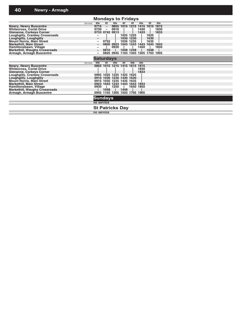 Timetable - Ulsterbus - 40c - Armagh - Newry - 11-January-2021-21-March ...