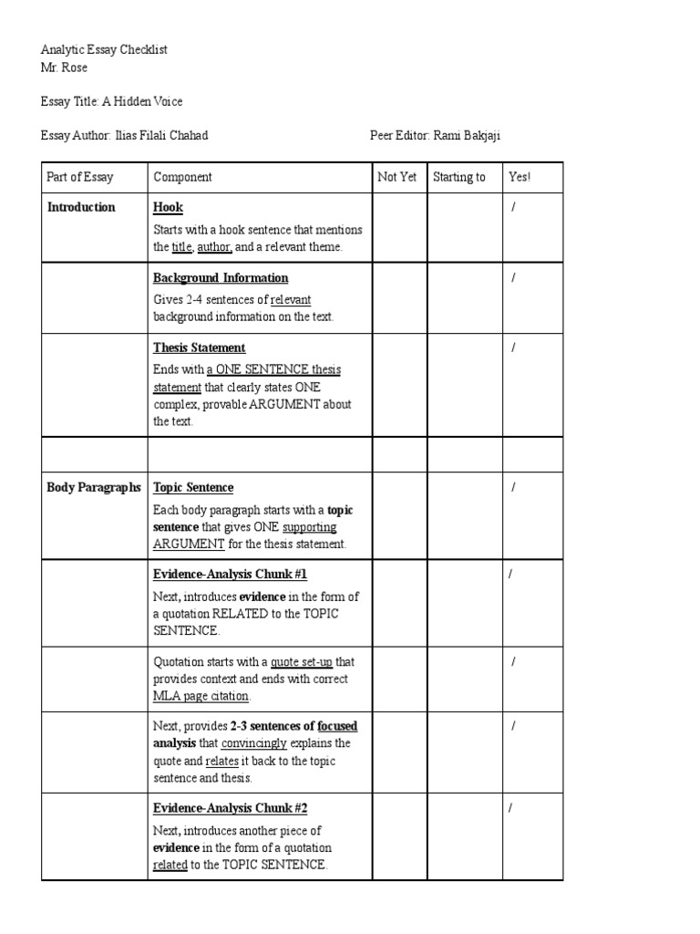 Analytic Essay Peer Editing Checklist | PDF | Essays | Citation