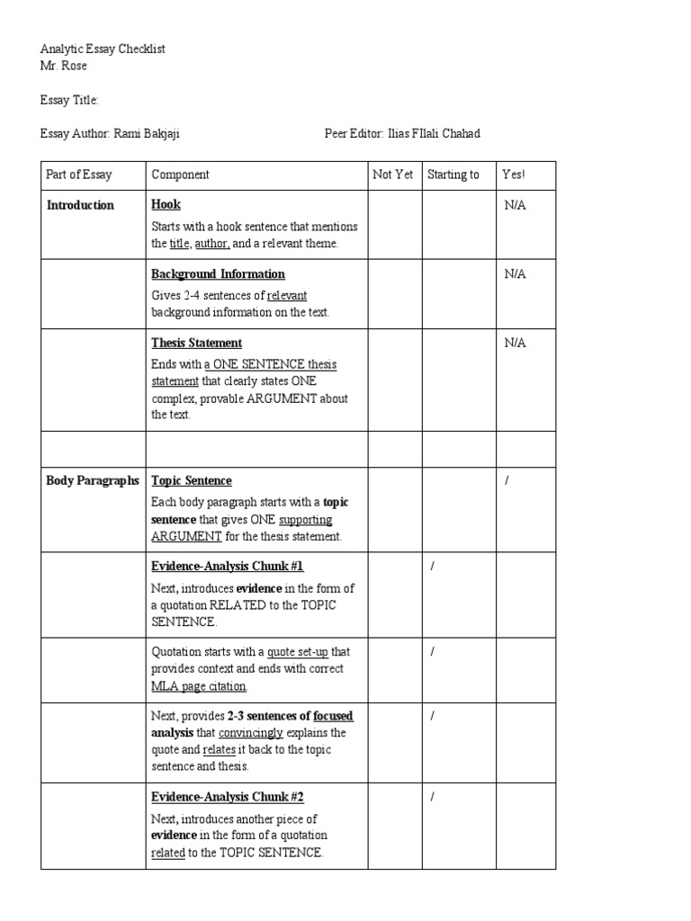 Analytic Essay Structure Checklist | PDF | Paragraph | Essays