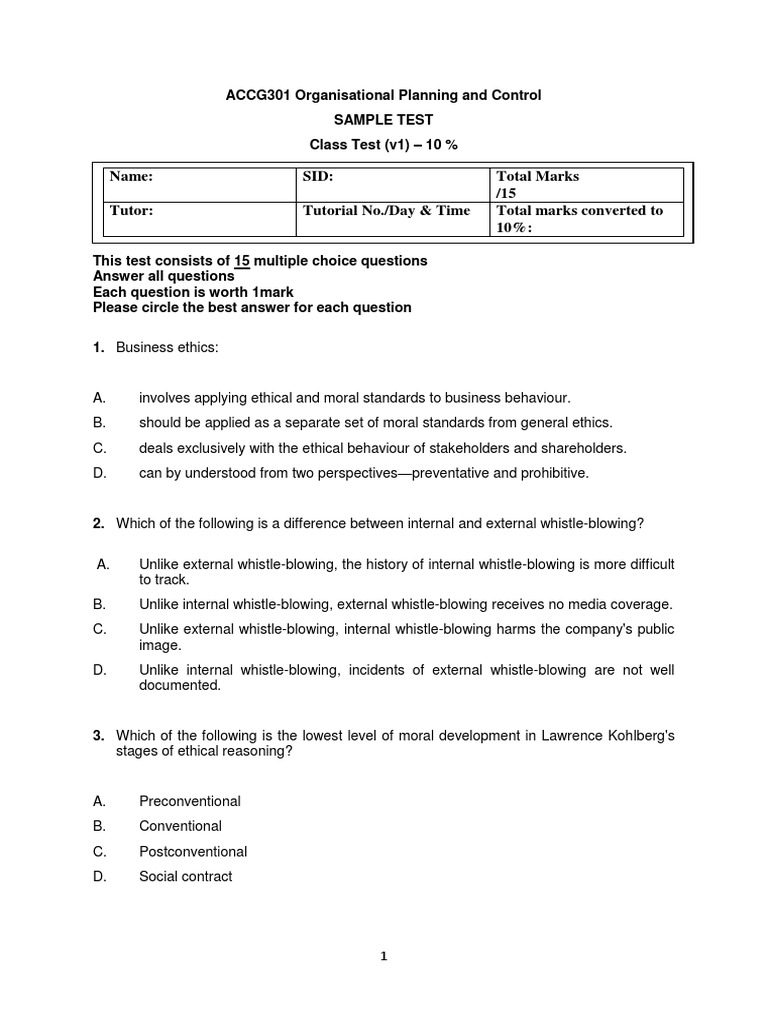 Sample Class Test Paper | PDF | Cost | Whistleblower