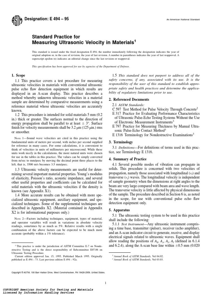 E494-95 Measuring UT Velocity | PDF | Young's Modulus | Ultrasound