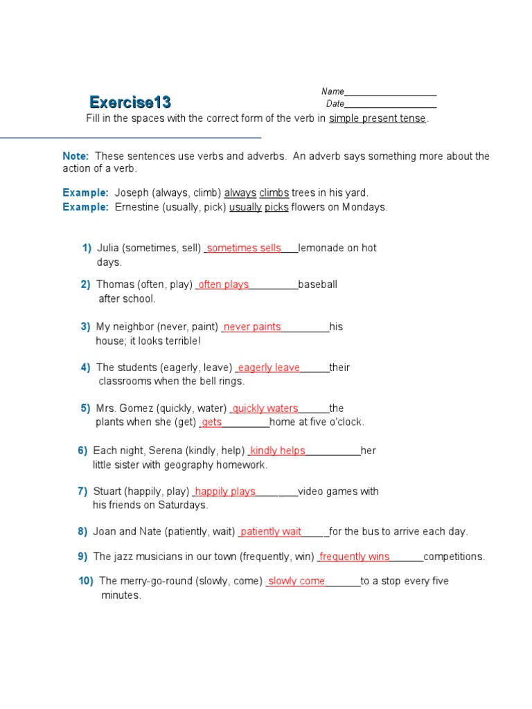 Present Tense Exercise 13 | PDF