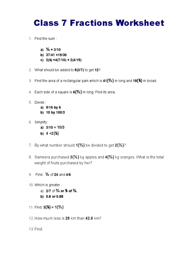 Fractions Worksheet Class 7 | PDF