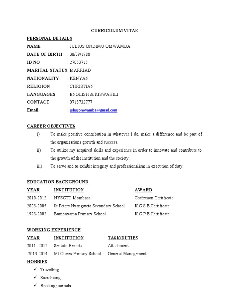 Curriculum Vitae Personal Details Name Date of Birth Id No Marital ...