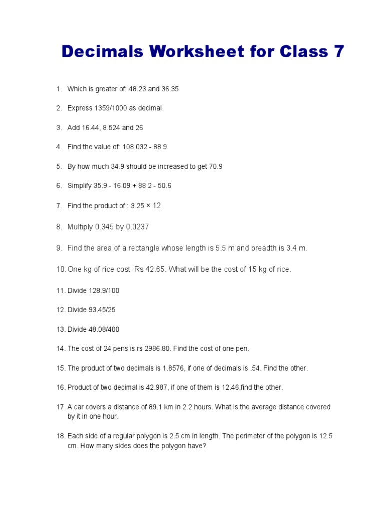 Decimals Worksheet For Class 7 Pdf