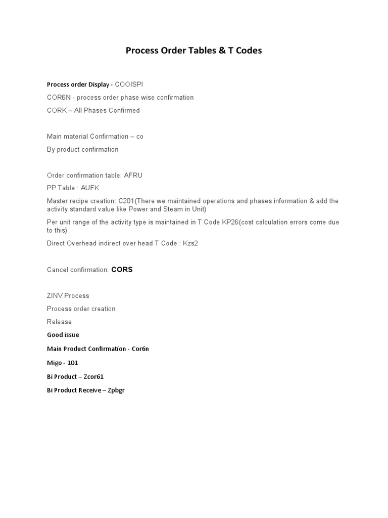 Process Order Tables & T Codes | PDF