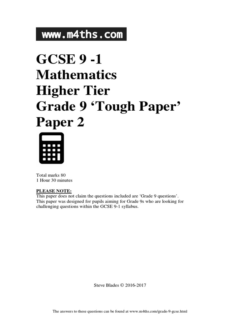 GCSE 9 - 1 Mathematics Higher Tier Grade 9 Tough Paper' Paper 2 | PDF ...