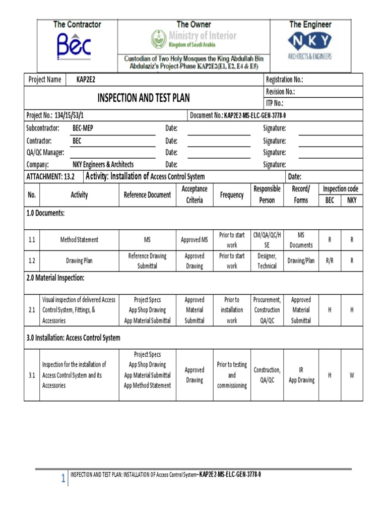 Inspection and Test Plan: Project Name | PDF | Engineering | Business