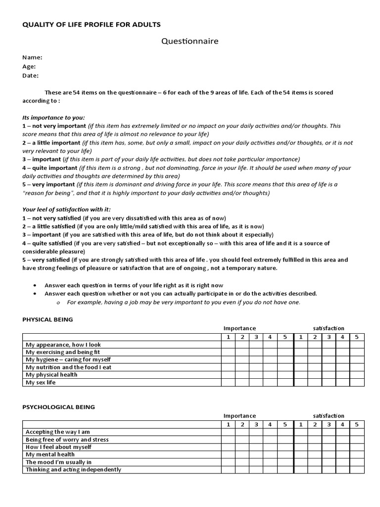 Questionnaire: Quality of Life Profile For Adults | PDF | Pleasure ...