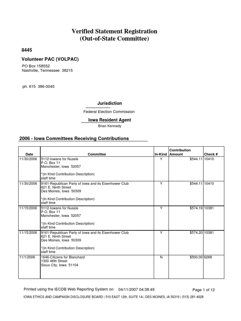 Volunteer PAC (VOLPAC) - 8445 - VSR | PDF | Iowa | Politics Of The ...