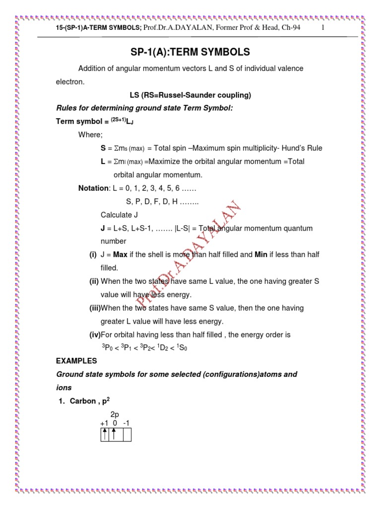 Sp-1 (A) :term Symbols: Rules For Determining Ground State Term Symbol ...