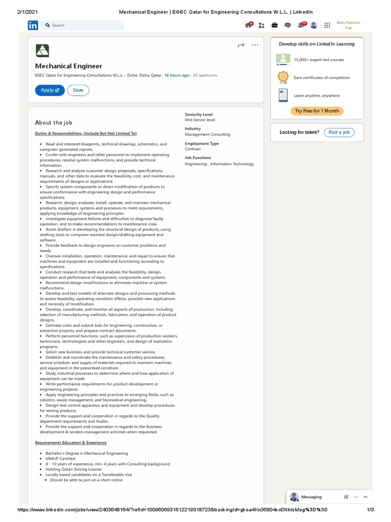Mechanical Engineer - EGEC Qatar For Engineering Consultations W.L.L ...