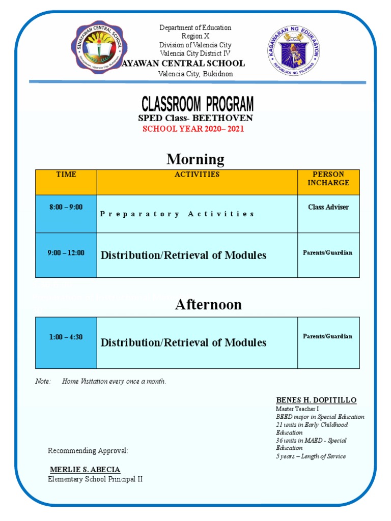 SPED Class Schedule and Activities | PDF