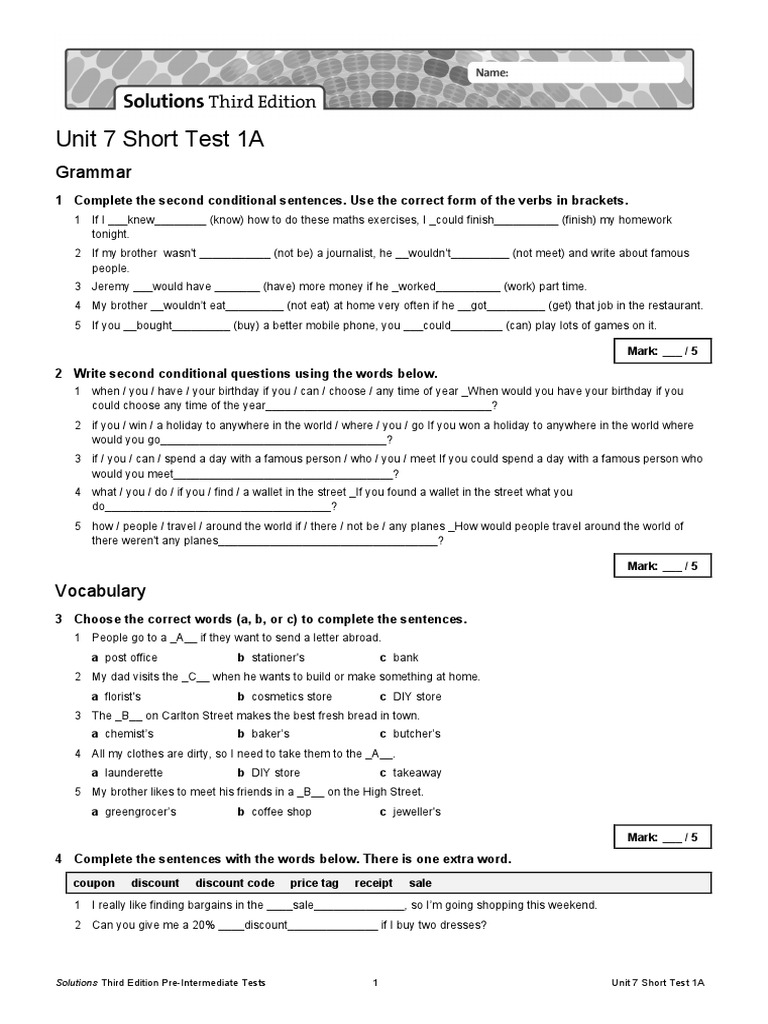 Unit 7 Short Test 1A: Grammar | PDF | Coupon | Linguistics