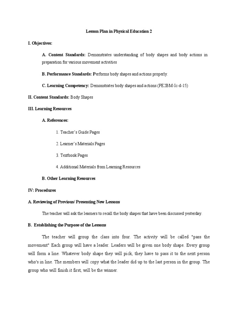 Lesson Plan in Physical Education 2 | PDF