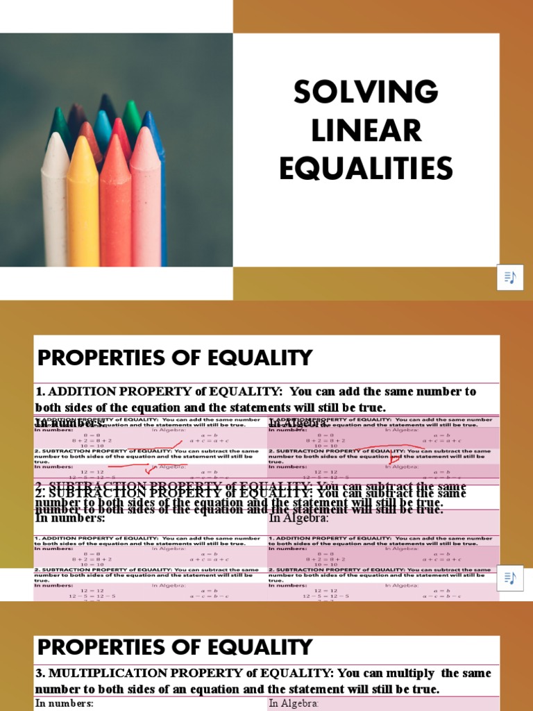 Solving Linear Equalities | PDF | Equations | Mathematical Concepts