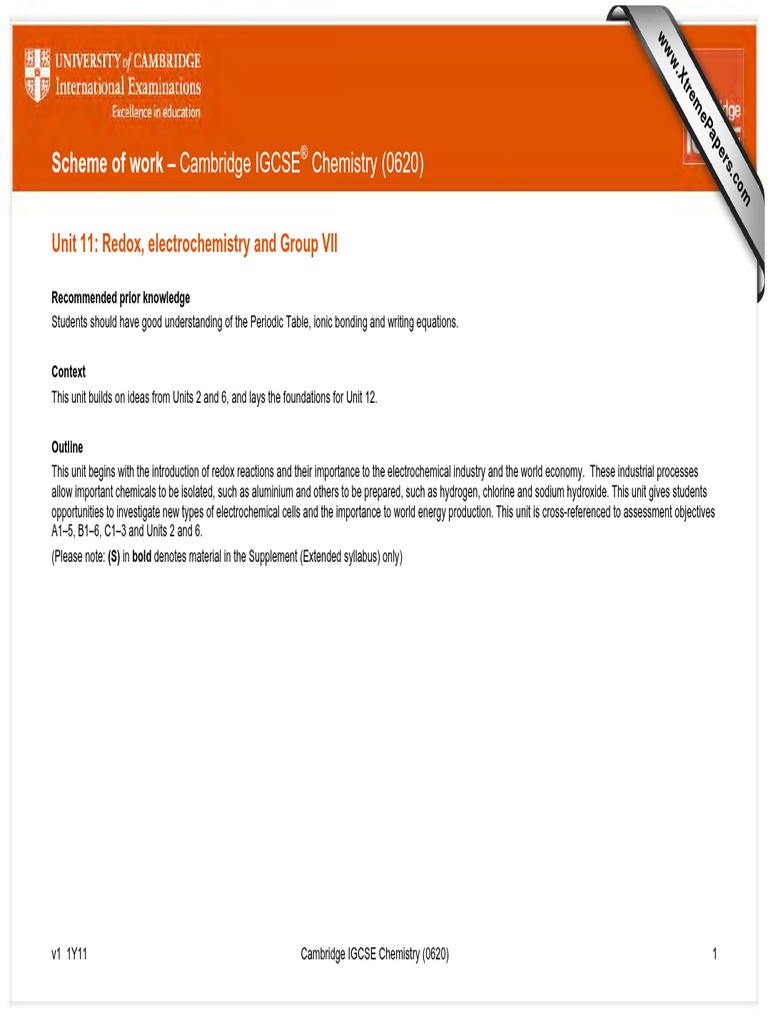 Scheme of Work - Cambridge IGCSE® Chemistry (0620) | PDF | Redox | Chlorine