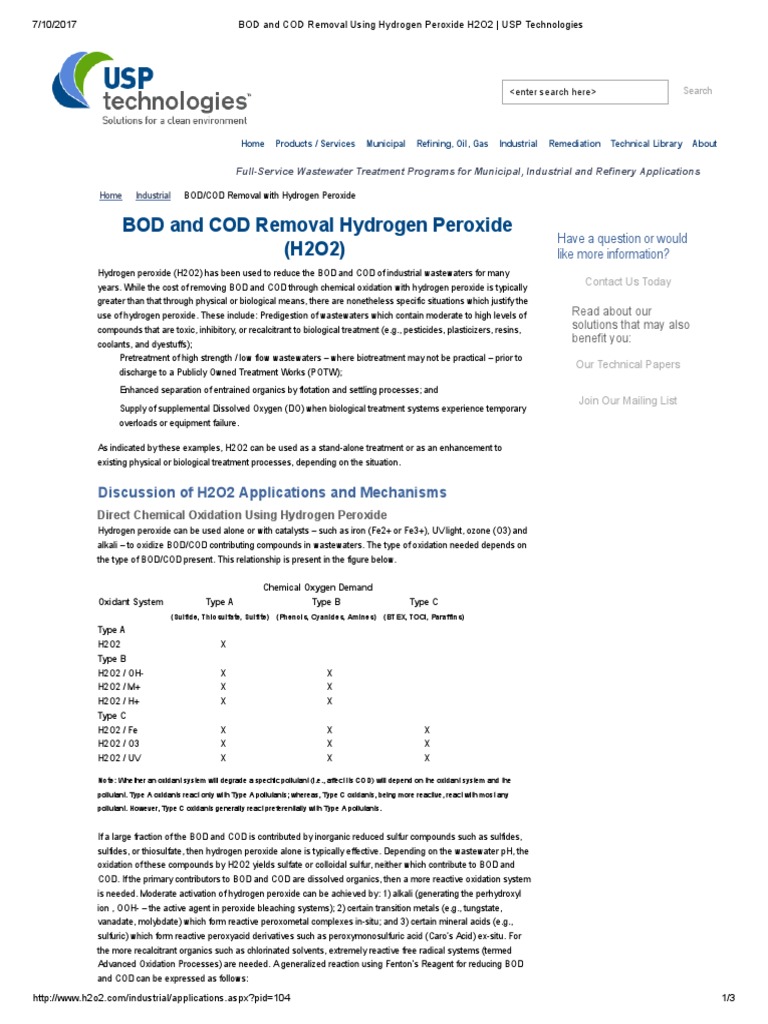BOD and COD Removal Using Hydrogen Peroxide H2O2 - USP Technologies | PDF