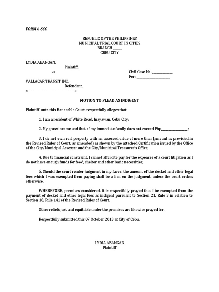 Indigent Plea for Court Fees Exemption | PDF