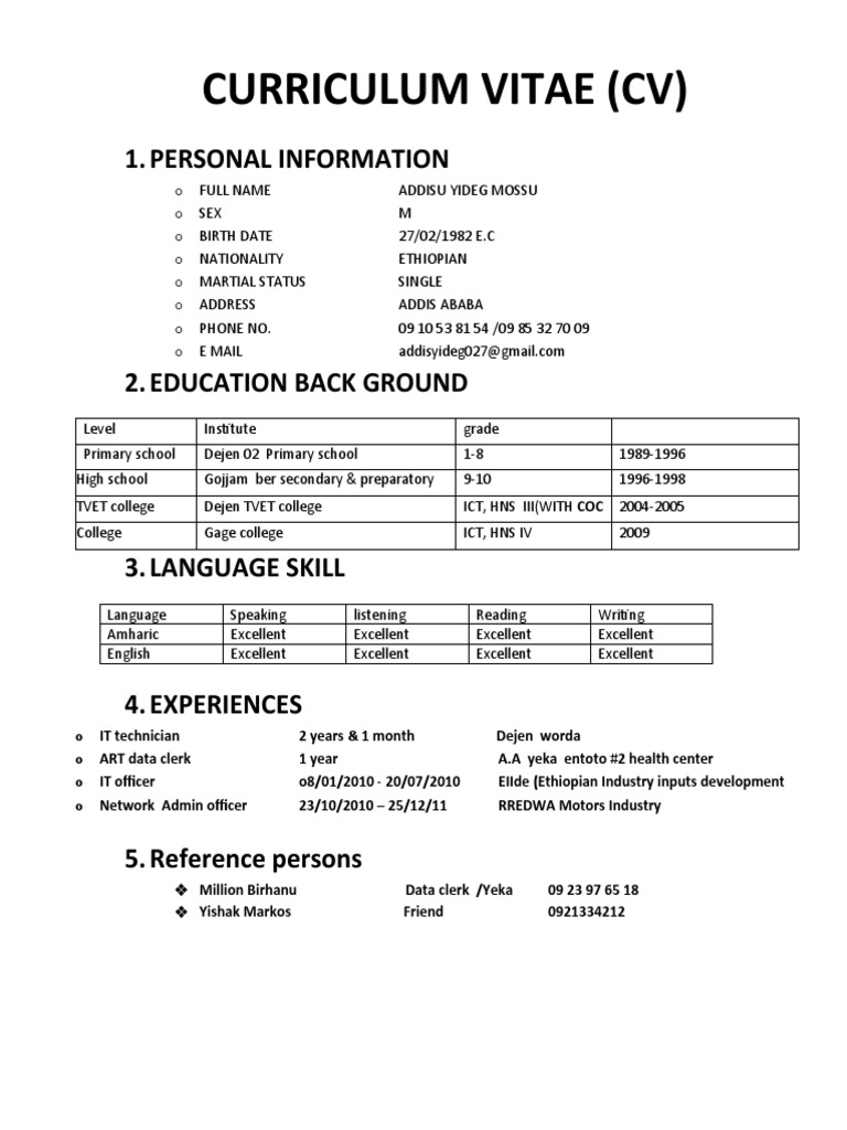 Curriculum Vitae (CV) : 1. Personal Information | PDF | Ethiopia ...