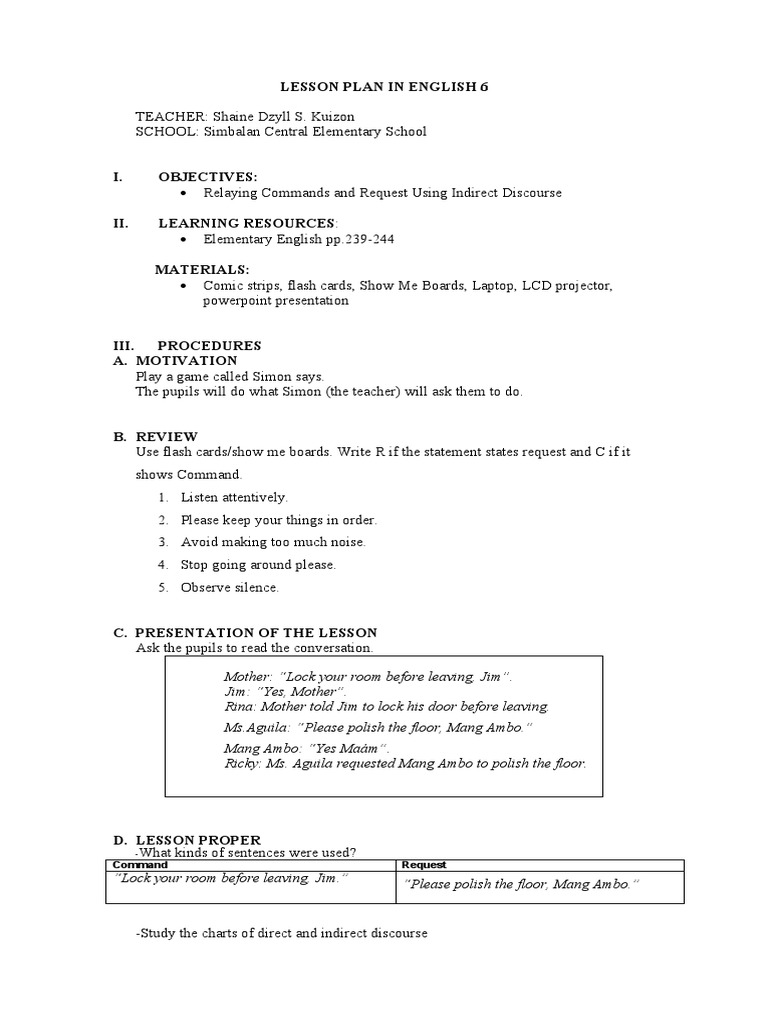 Lesson Plan in English 6: Command Request | PDF