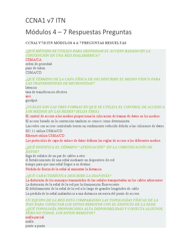 CCNA1 v7 M Dulos 4 7 Respuestas Preguntas | Descargar gratis PDF | Conmutador de red | Modelo osi