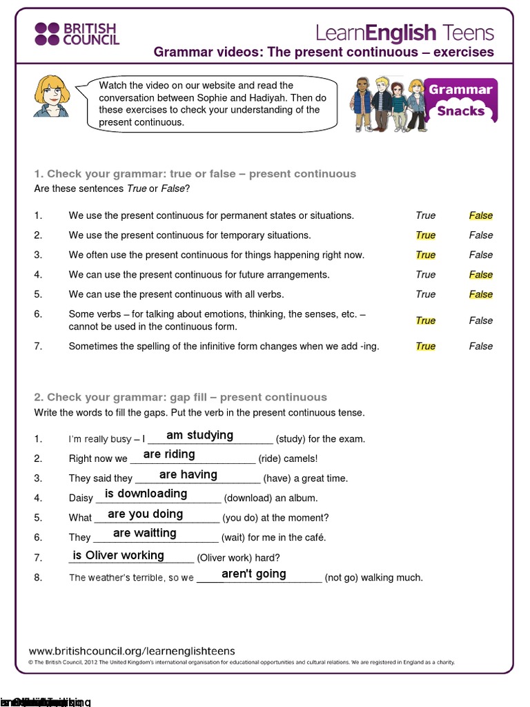 Grammar Videos: The Present Continuous - Exercises | Download Free PDF | Verb | Syntactic ...