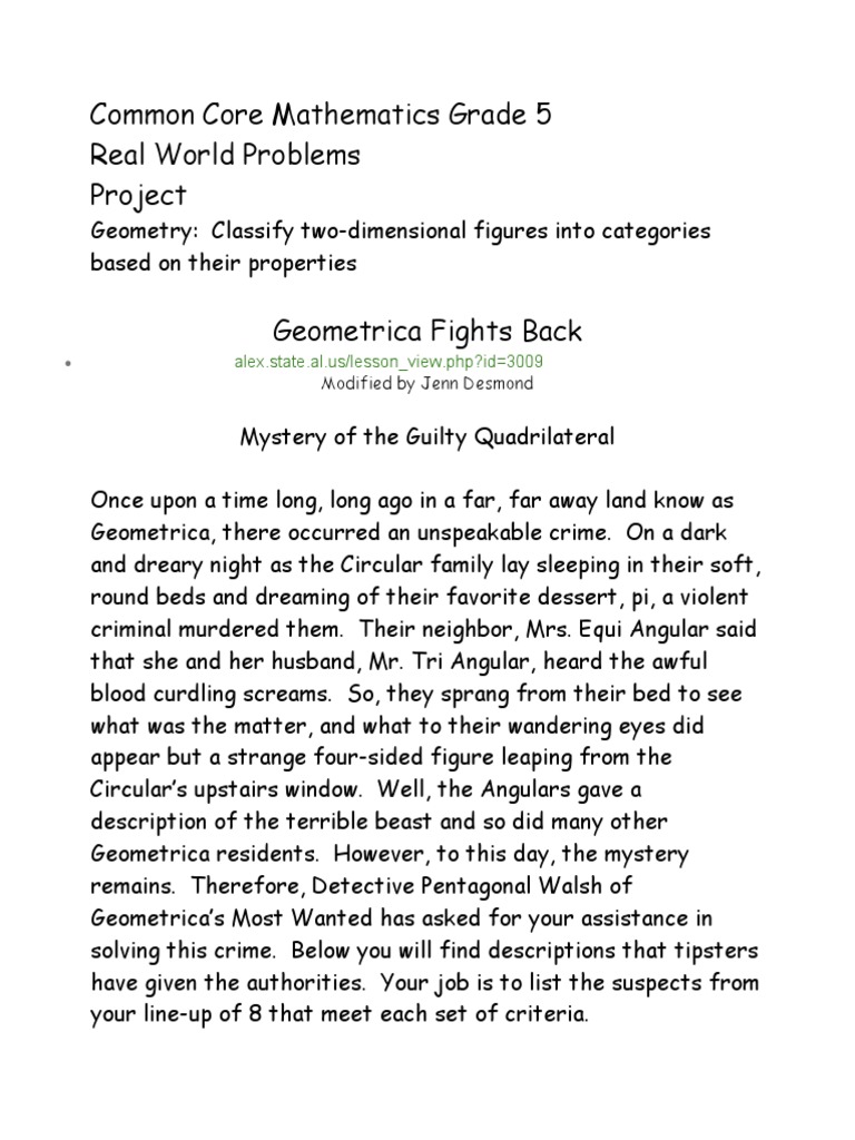 Common Core Mathematics Grade 5 Real World Problems Project: Alex ...