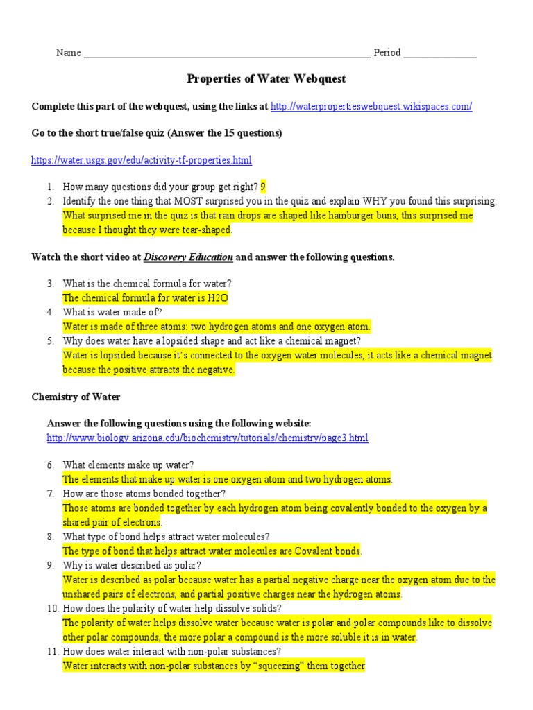 Properties of Water Webquest Answers | PDF | Chemical Bond | Surface ...