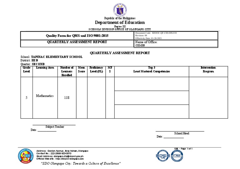 Department of Education: Quality Form For QMS and ISO 9001:2015 ...