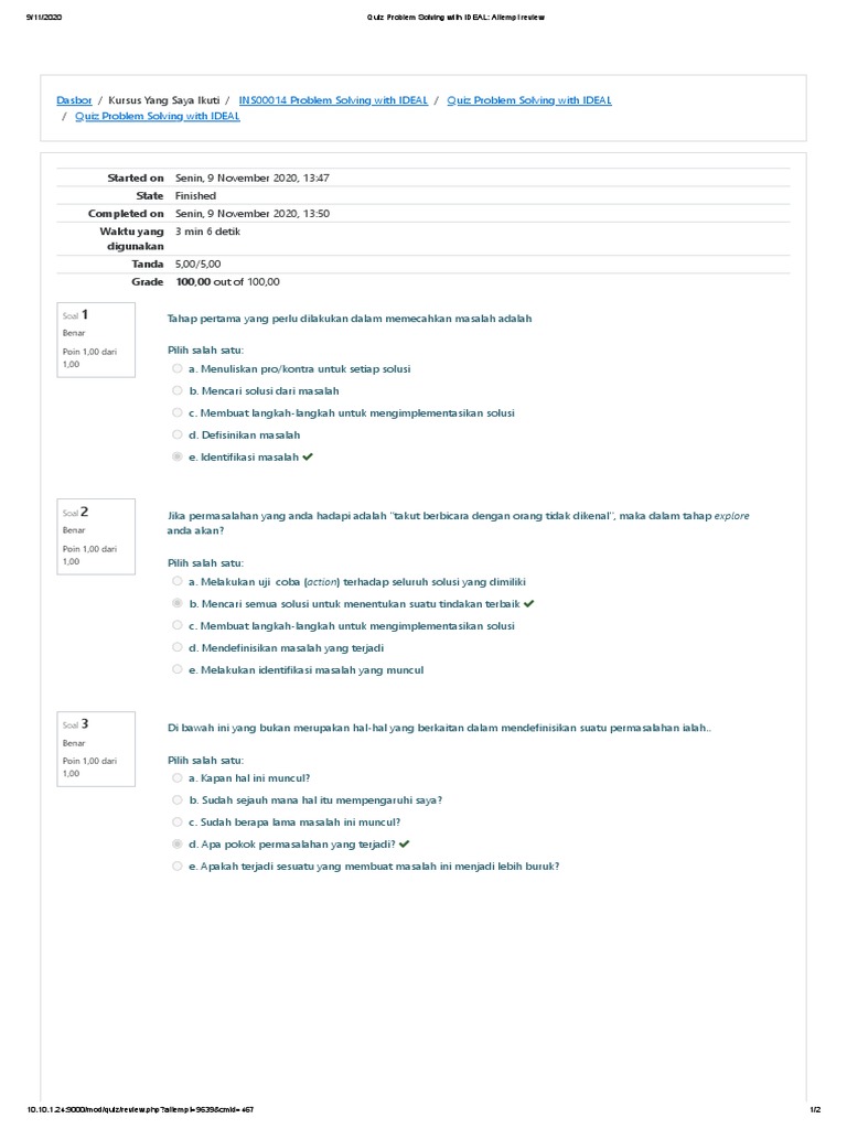 Quiz Problem Solving With IDEAL - Attempt Review | PDF