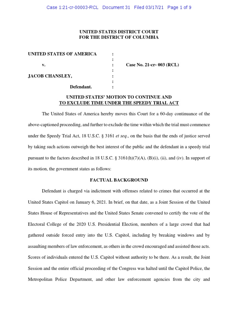 DOJ Request To Delay Jacob Chansley Proceedings | PDF | Continuance ...