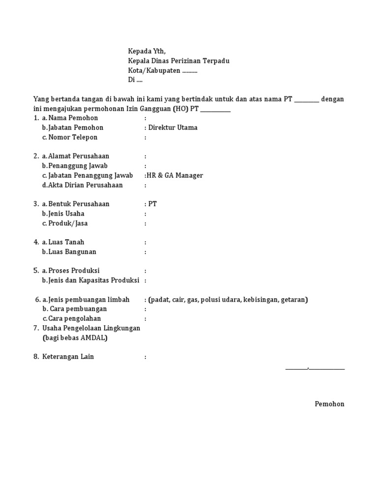 Contoh Surat Permohonan Izin HO | PDF