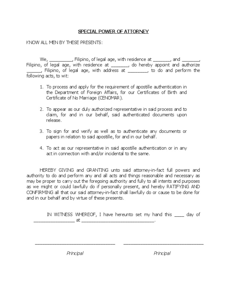 SPA Template For Cenomar | PDF | Power Of Attorney | Government