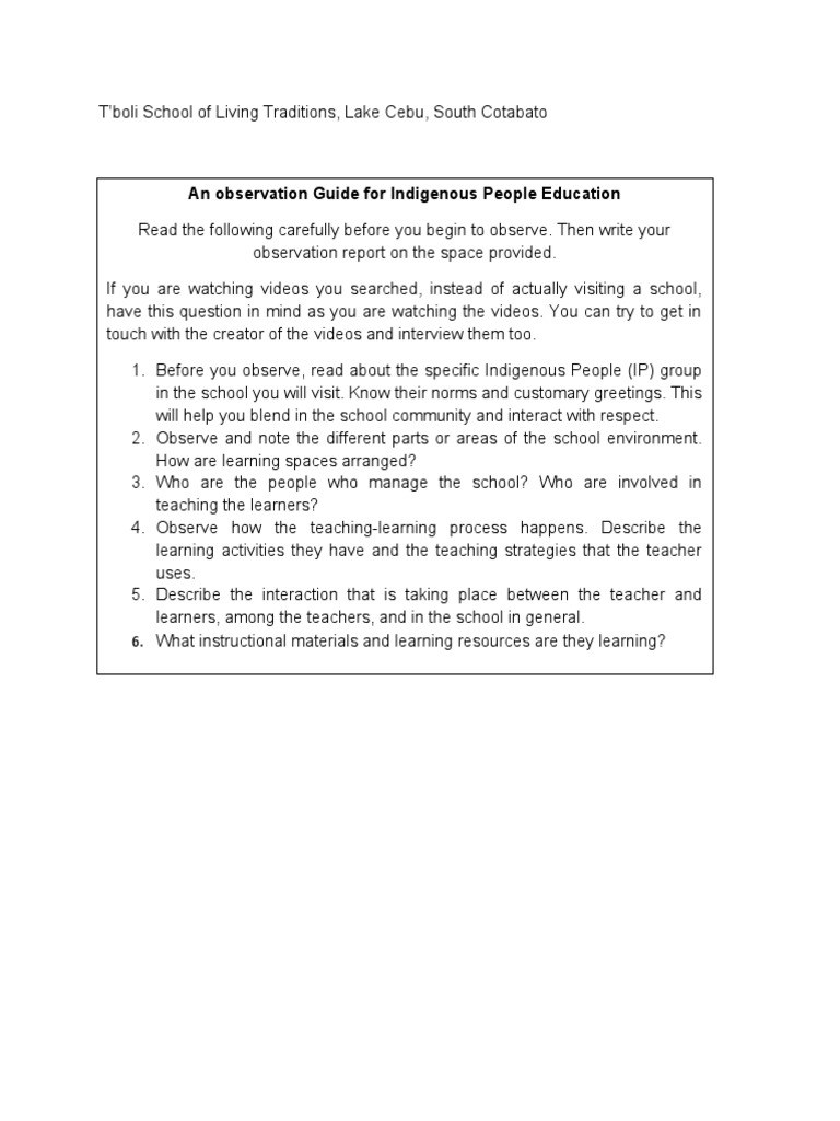 Observation of Indigenous Group | PDF | Educational Assessment | Teachers