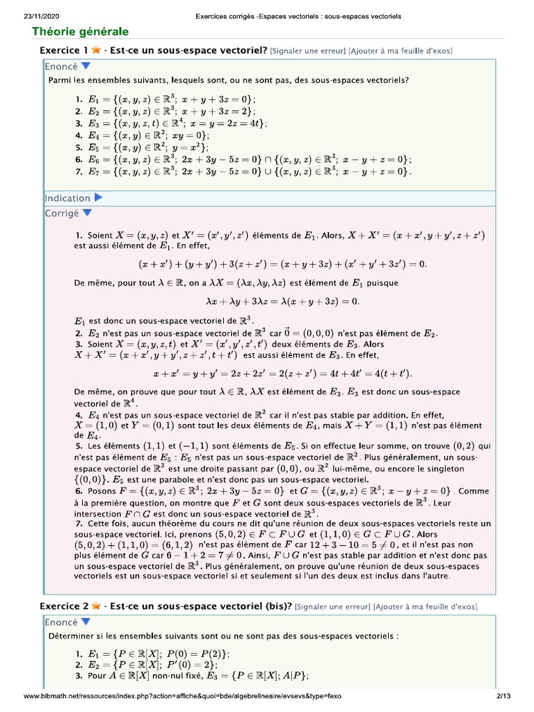 Exercices Corrigés - Espaces Vectoriels - Sous-Espaces Vectoriels | PDF