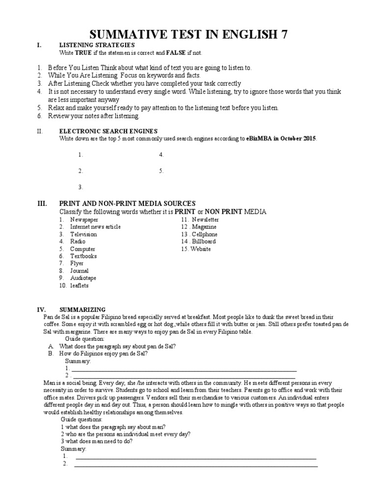 Summative Test in English 7 | PDF | Chart | Pie Chart