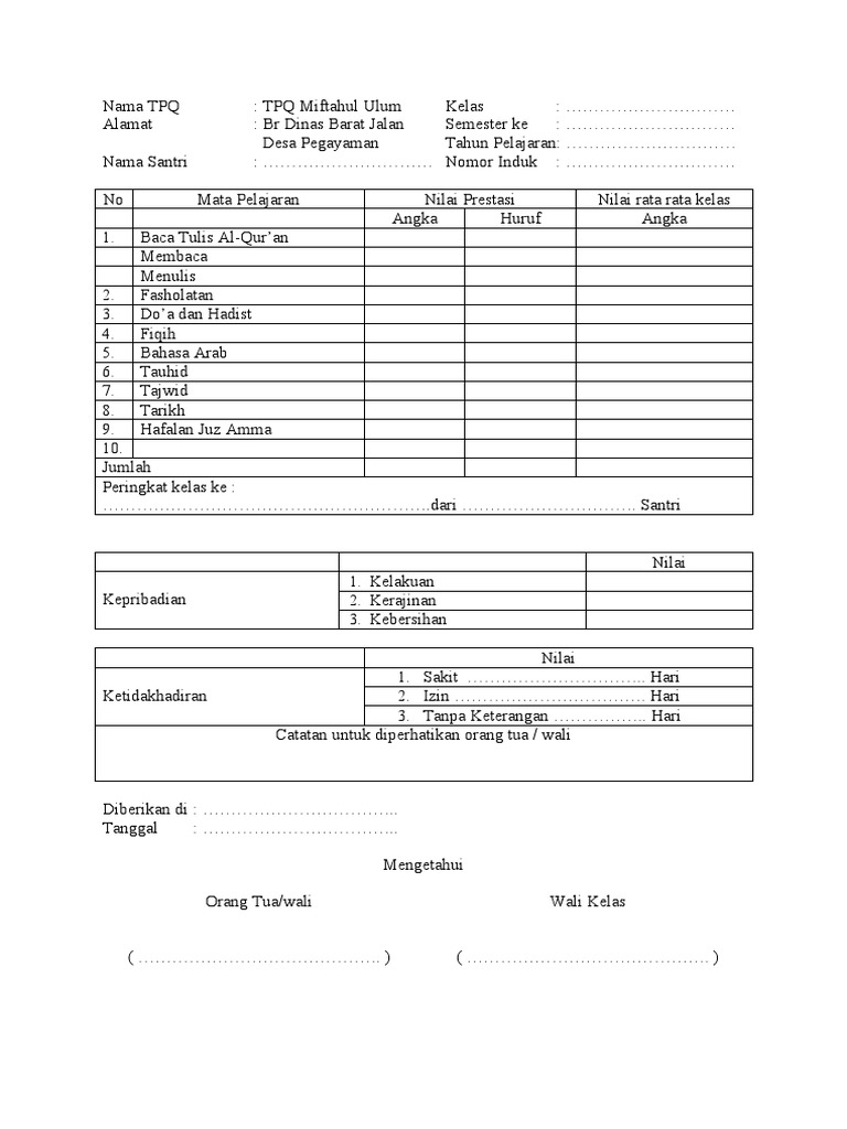 Laporan Nilai Santri TPQ | PDF