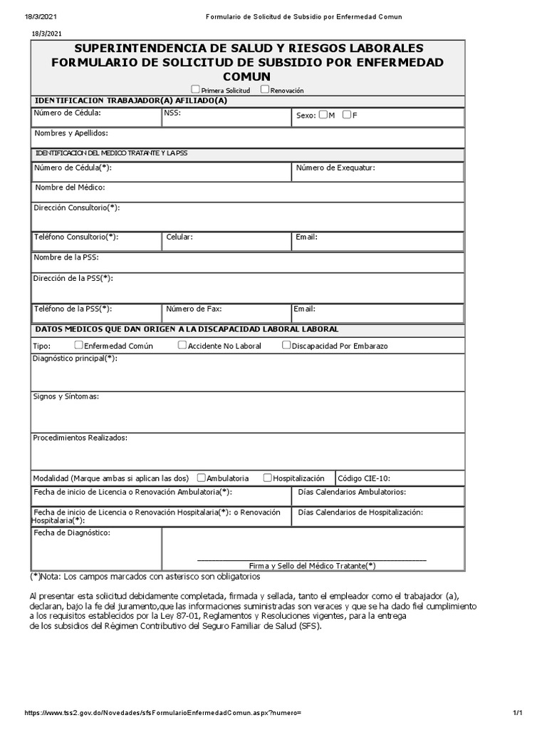 Formulario de Solicitud de Subsidio Por Enfermedad Comun | PDF