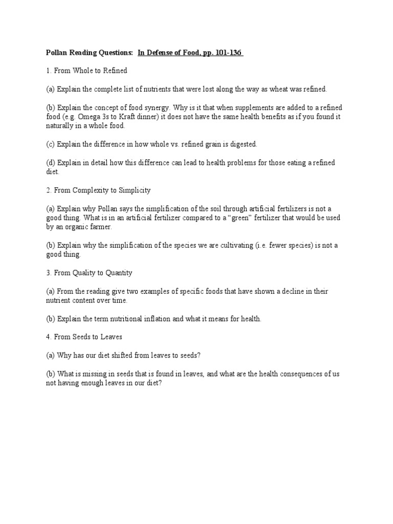 Pollan Reading Questions Pages 101-136 | PDF | Wellness