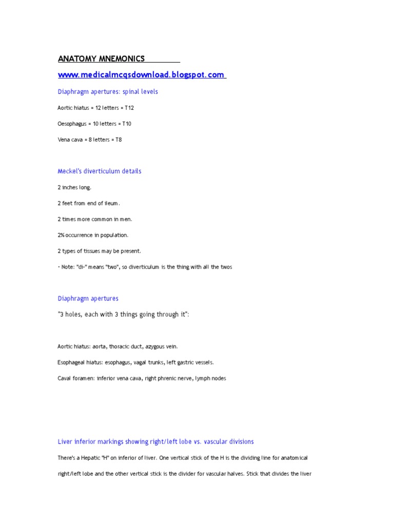 Anatomy Mnemonics: Diaphragm Apertures: Spinal Levels | PDF | Thumb | Foot