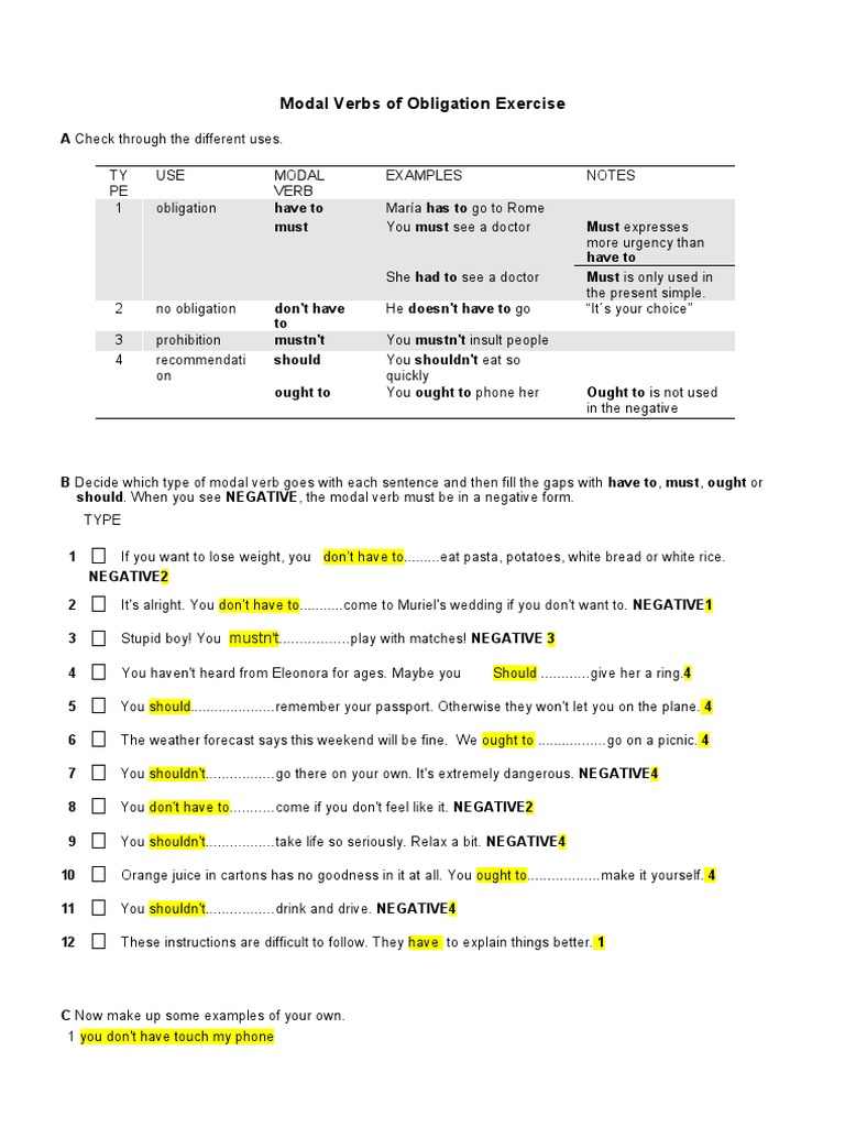 Modal Verbs of Obligation Exercise: Mustn't | PDF | Language Mechanics ...