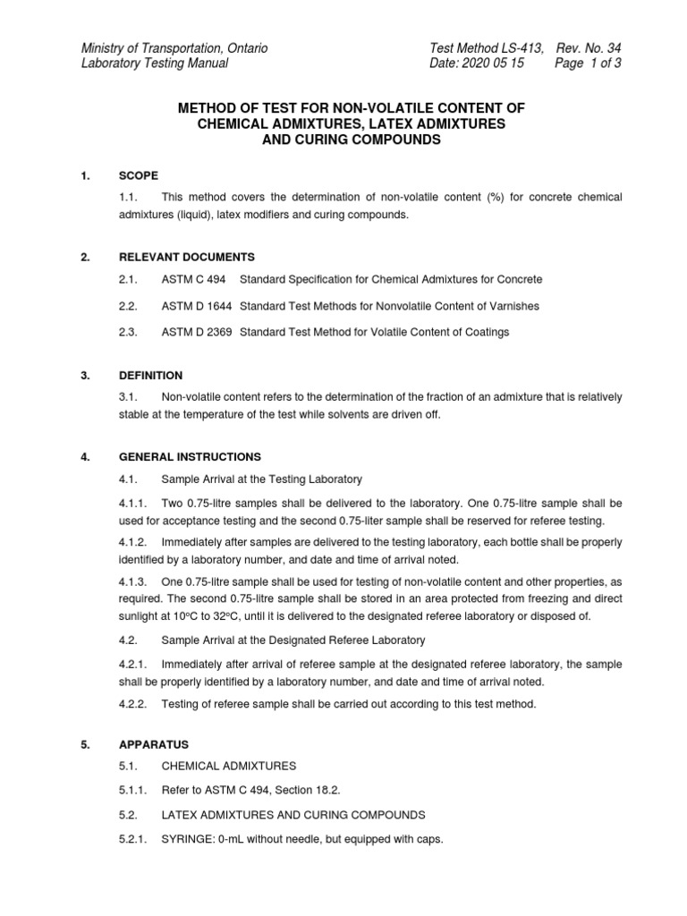 Method of Test For Non-Volatile Content of Chemical Admixtures, Latex ...