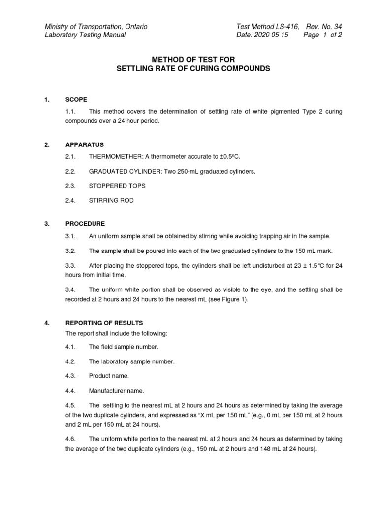 Settling Test Procedure for Curing Compounds | PDF