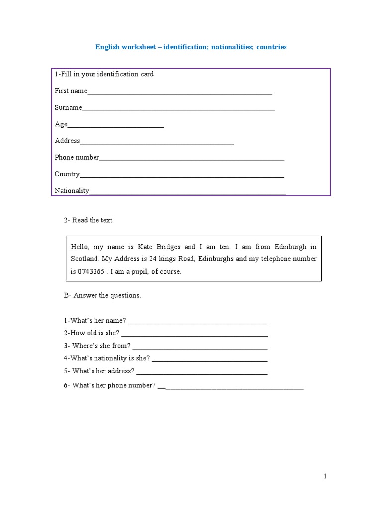 English Worksheet - Personal Identification Nationalities and Countries ...